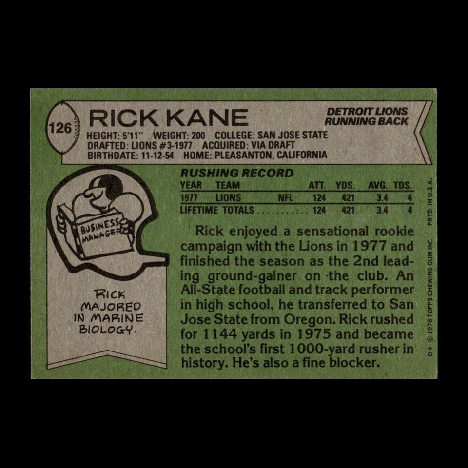 Rick Kane 1978 Topps Rookie Detroit Lions #126 R308E 3 | eBay
