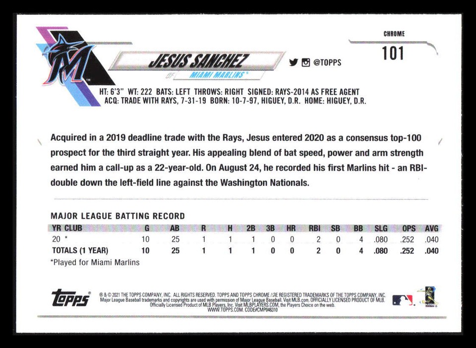 2021 Topps Chrome #101 Jesus Sanchez Rookie Baseball Card | eBay