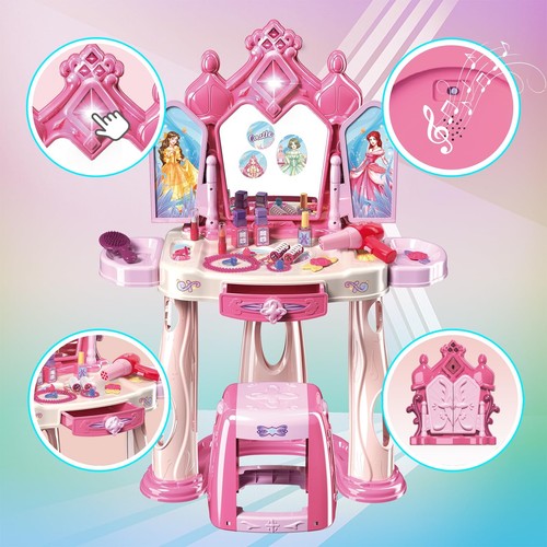 Pretend Play Girls Makeup Table Set with Stool，Open Doors by Gestures ...