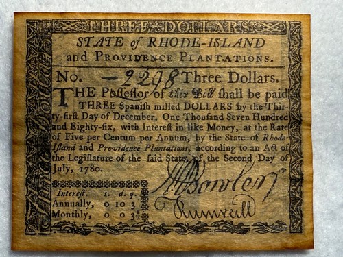 1780 State of Rhode Island 3 Dollars Currency Reproduction Note SPC462 ...