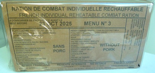 Lot 2 rations de combat militaire RCIR Menus N° 3 - repas pour 24 ...