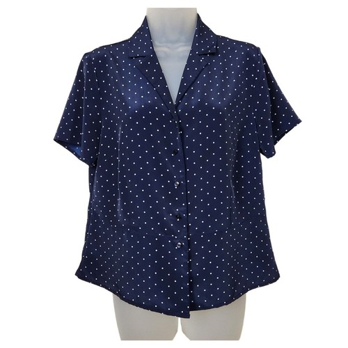 Karen Scott Blouse Size Medium Navy Polka Dot Button Up V Neck Short ...