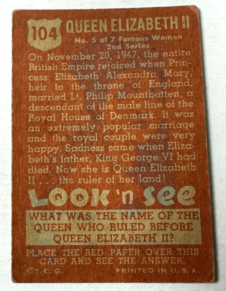 A Vintage Topps Look 'n See (R714-16) Trading Card #104 Queen Elizabeth ...