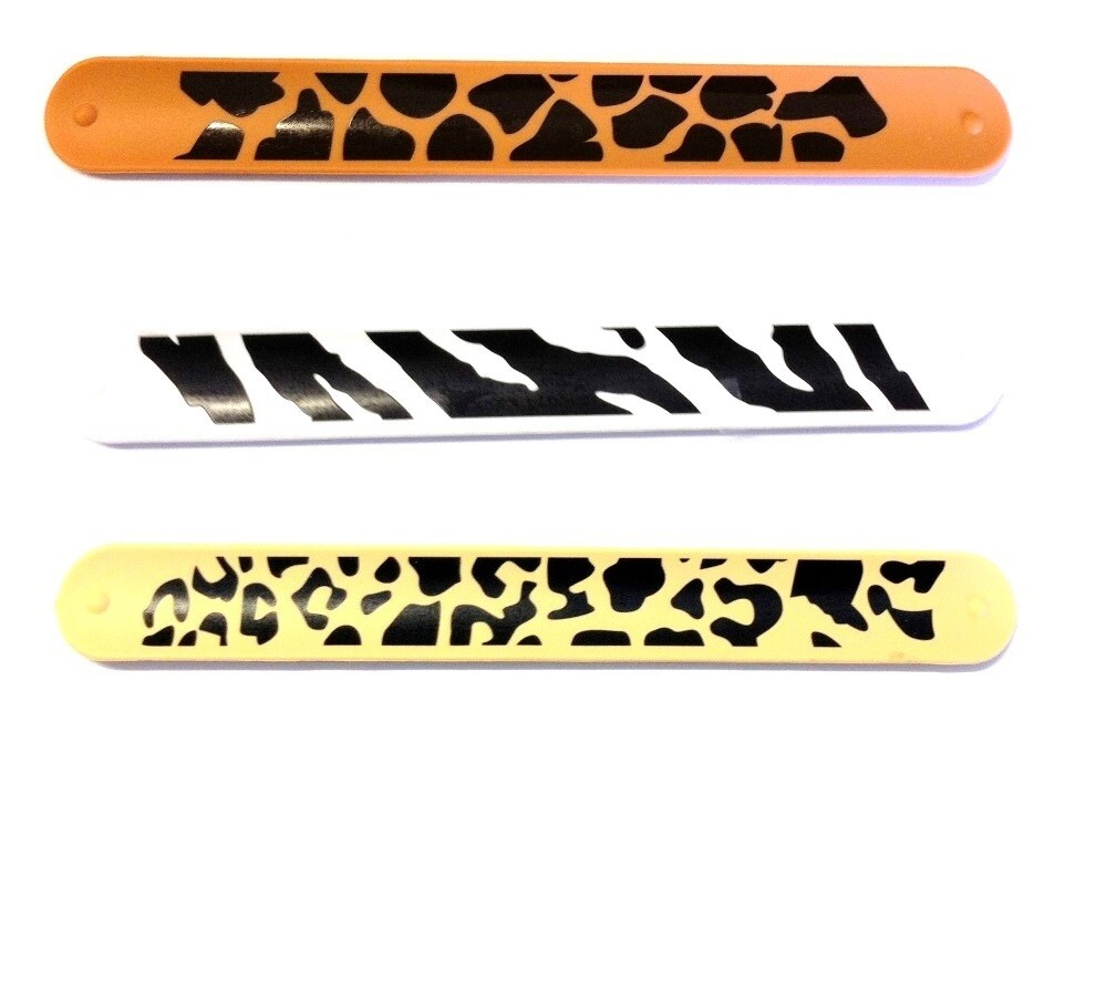3 Wild Animal Slap BRACELETS Bands - LEOPARD, CHEPAH, ZEBRA 23cm Party ...