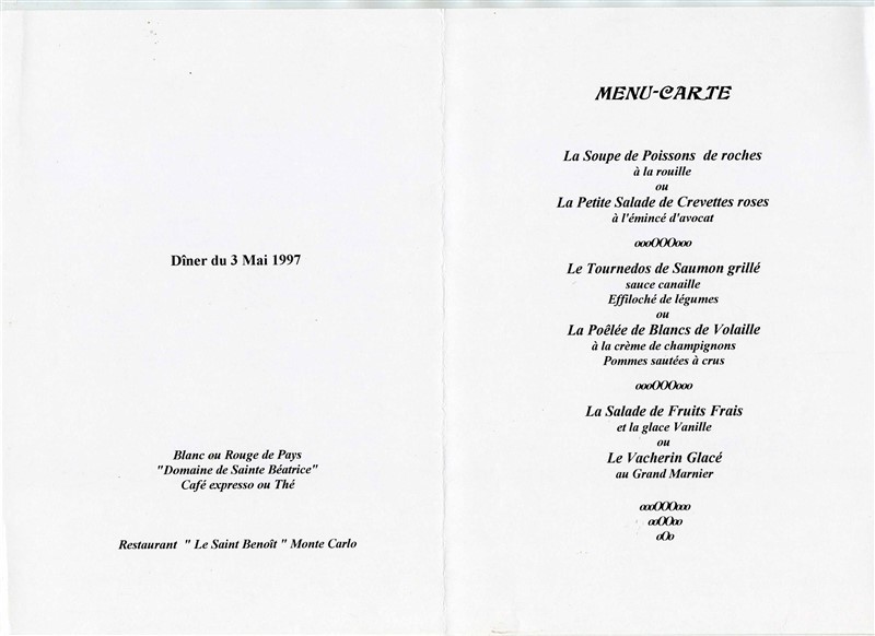 Le Saint Benoit Restaurant Menu Monte Carlo Monaco 1997 Michelin Star ...