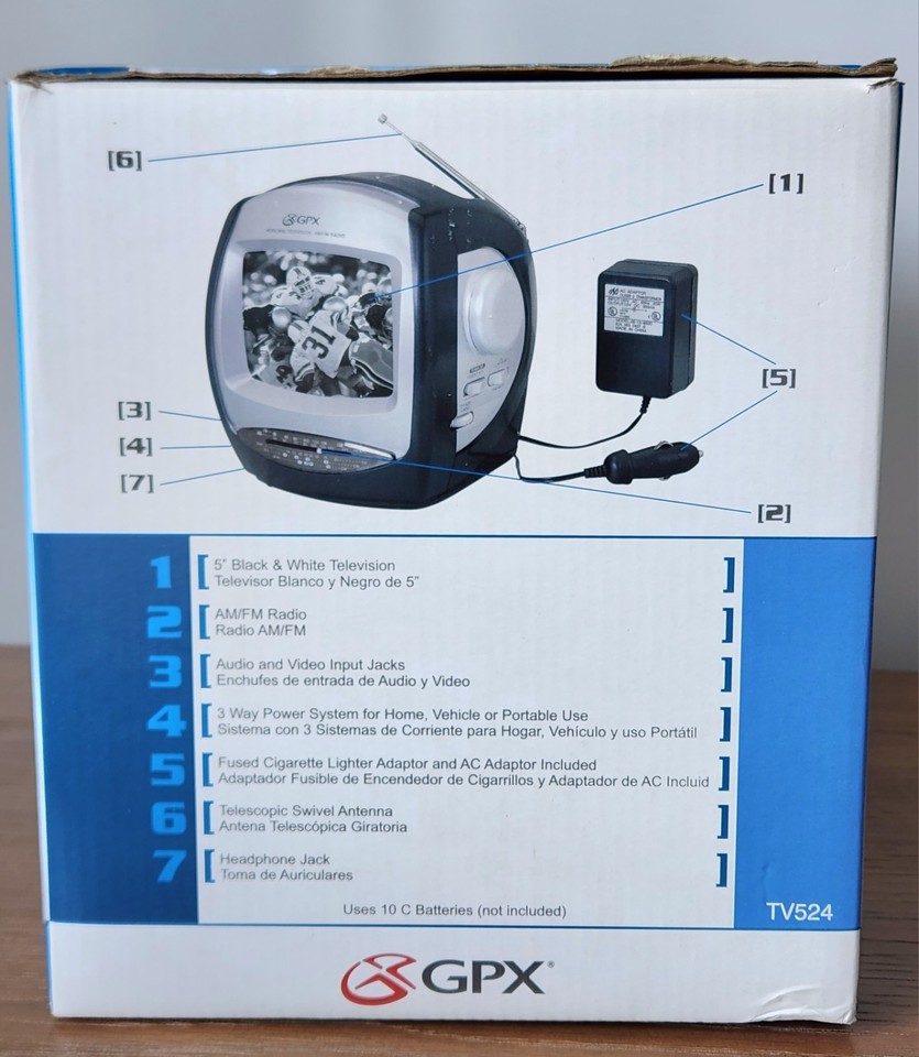 Gpx 5” Black & White Portable Tv 3 Way Power Car Adapter TV524 New ...