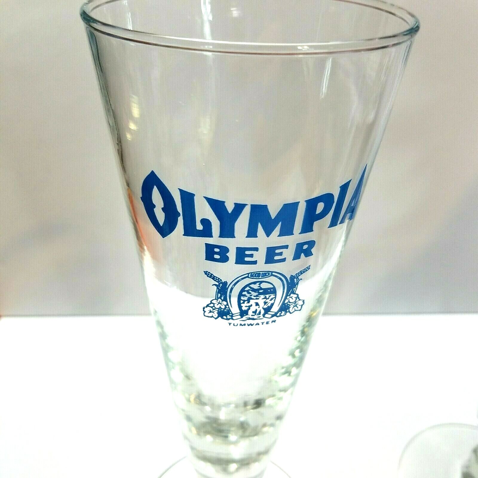 Olympia Beer Glass 6 Sided Stemmed Pilsner Style Blue Horseshoe Logo 8 ...
