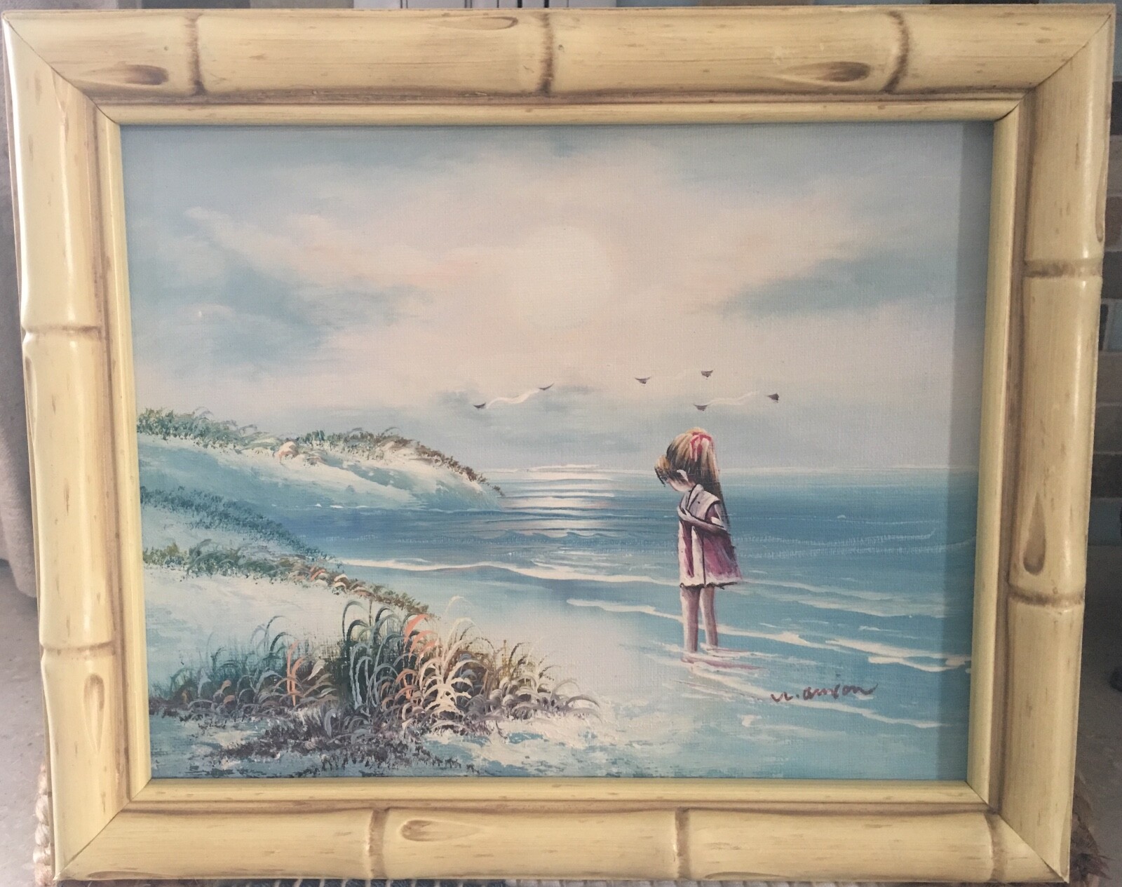 2 Original Oil Paintings Signed W. Amion, Boy & Girl Playing At Sea ...