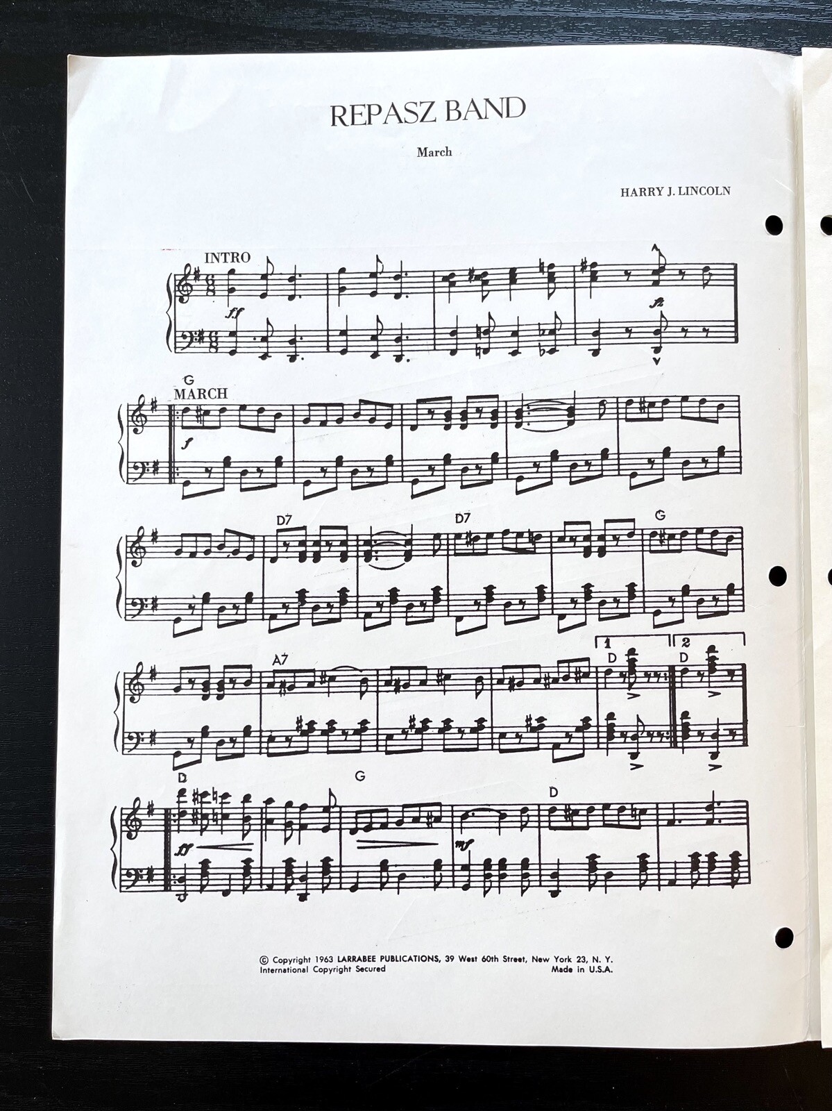 REPASZ BAND MARCH Sheet Music Harry Lincoln 1963 Vintage Rare | eBay