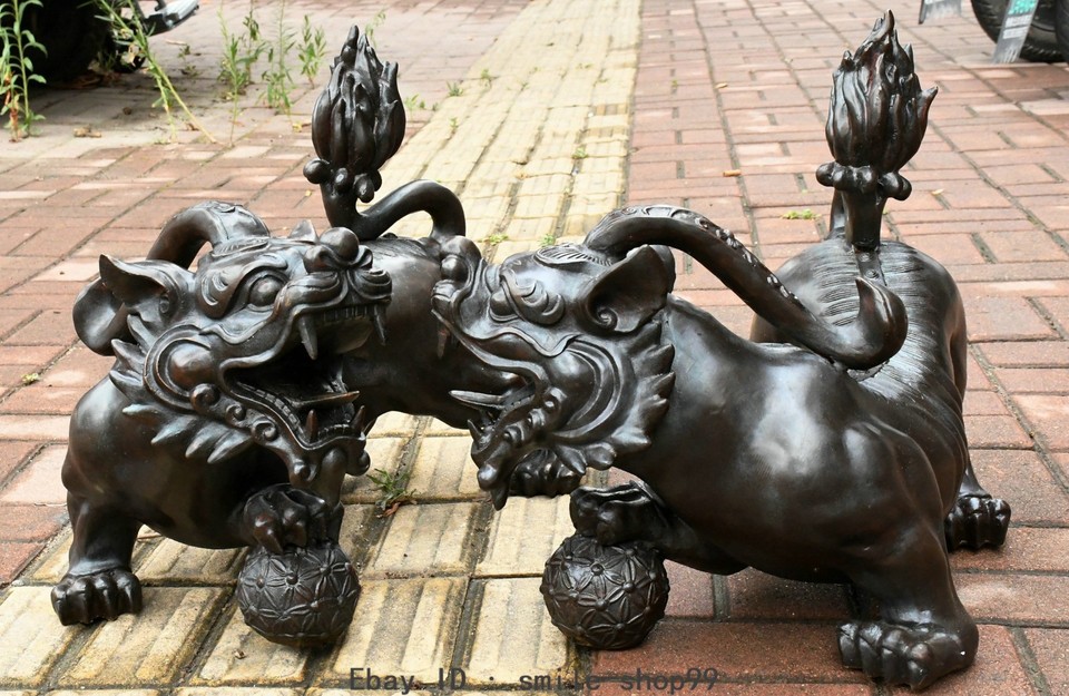 23" China Feng Shui Bronze Foo Fu Lion Dragon Unicorn Beast Pixiu ...