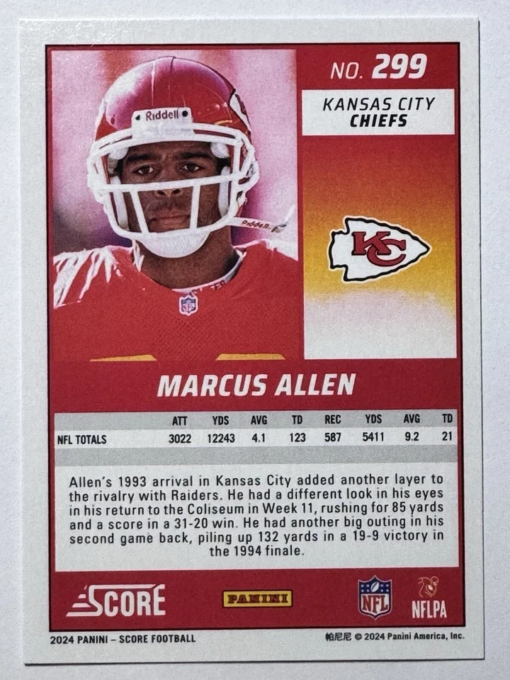 HOF'er MARCUS ALLEN Kansas City Chiefs 2024 Panini Score Football Card ...