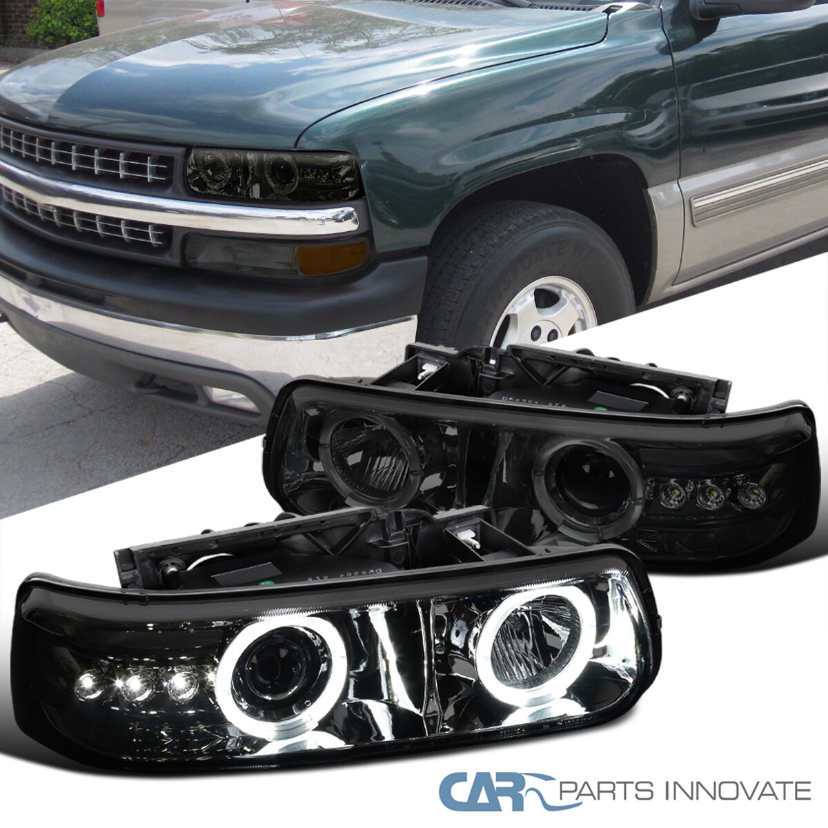 Fit 1999-2002 Chevy Silverado 00-06 Tahoe Smoke LED Halo Projector ...
