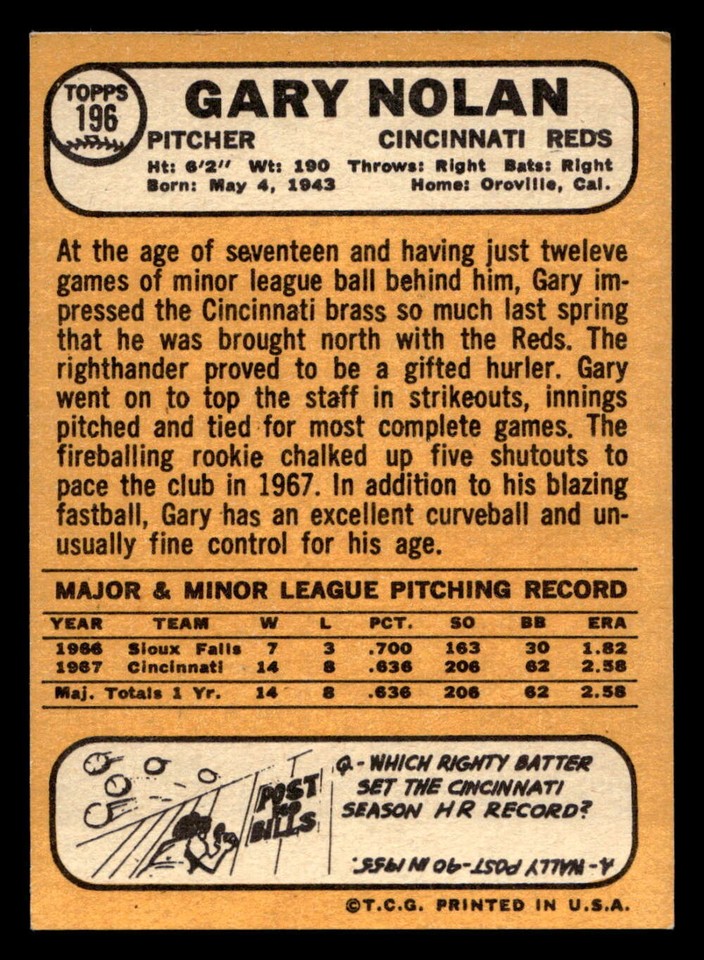 1968 Topps #196 Gary Nolan UER Ex-Mint RC Rookie Reds UER | eBay