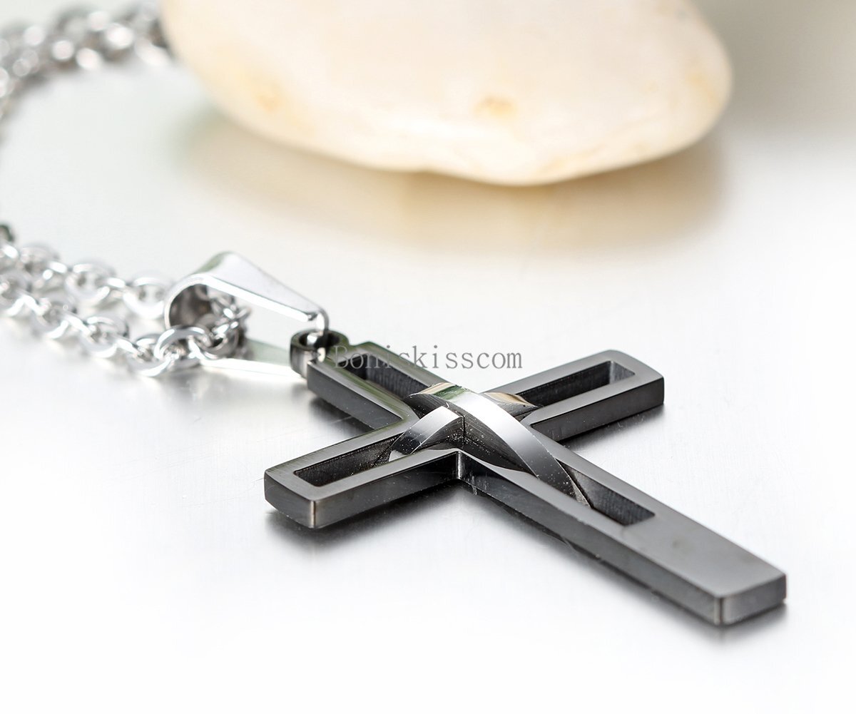Men's Black Silver Double Hollow Cross Stainless Steel Pendant Necklace ...