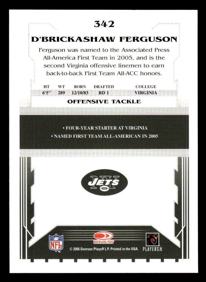 2006 Score D'Brickashaw Ferguson #342 New York Jets Football Card | eBay