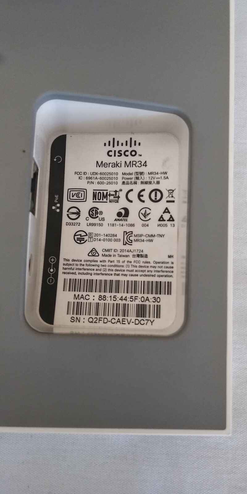 Cisco Meraki MR34 UNCLAIMED 802.11ac Wireless Access Point Cloud ...