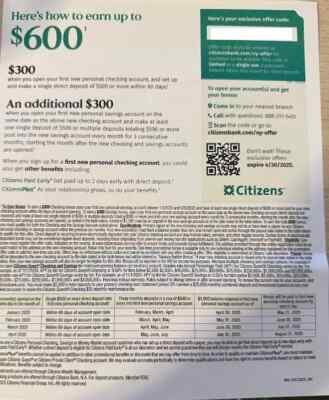 Citizens Bank $600 New Checking Savings Bonus Coupon EXP 4/30/25 ...