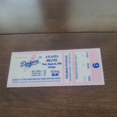 Nice March 16 1994 Braves Vs Dodgers Spring Training Ticket Stub | eBay