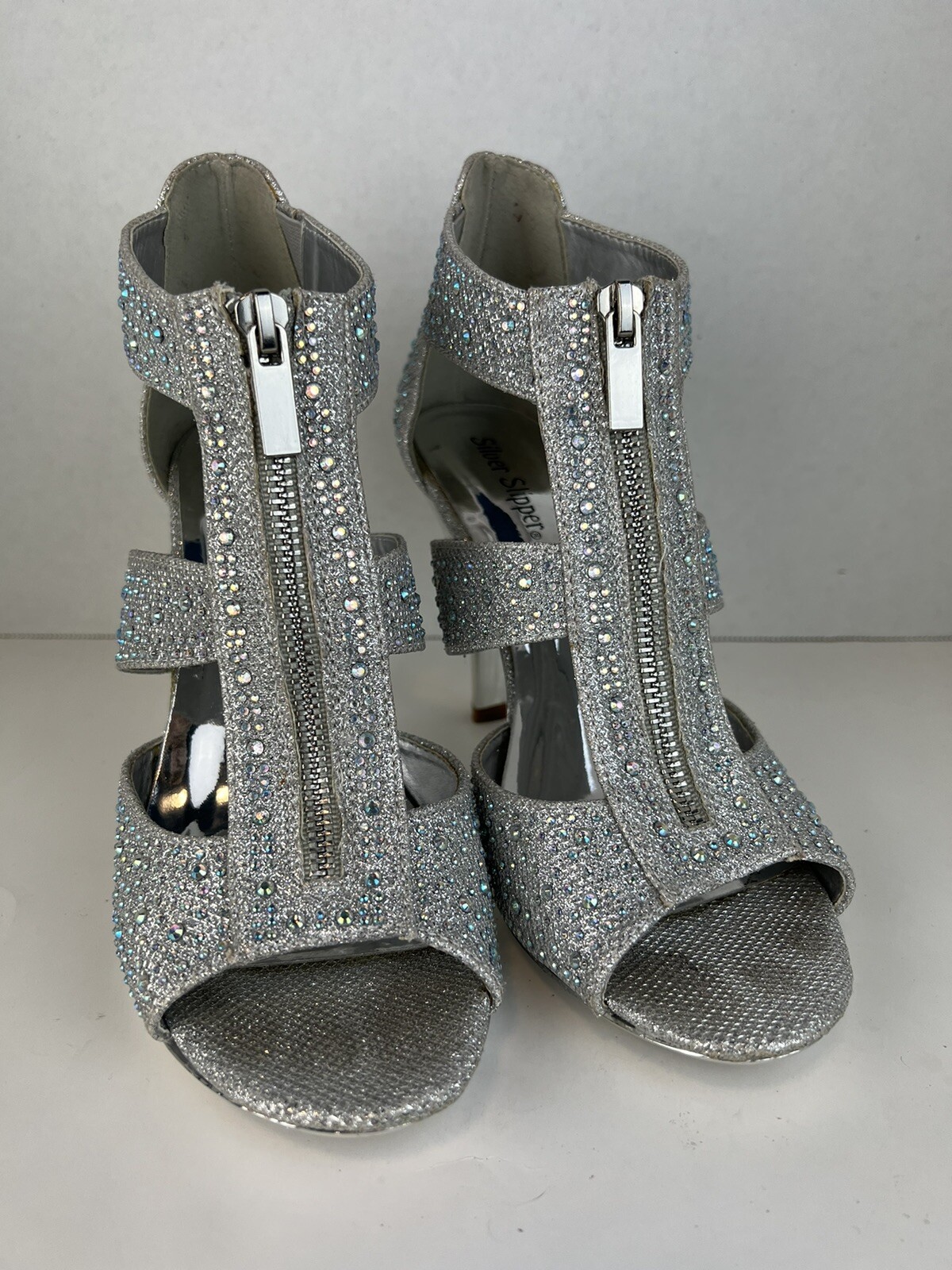Silver Slipper Sparkle Heels Front Zipper 7 Women’s Reflective Heels | eBay
