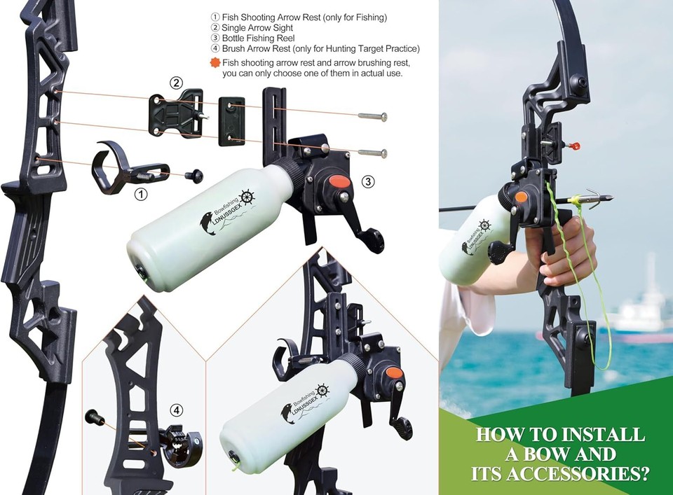 40lbs BowFishing Combo Archery Recurve Bow Arrow Bottle Fishing Reel ...