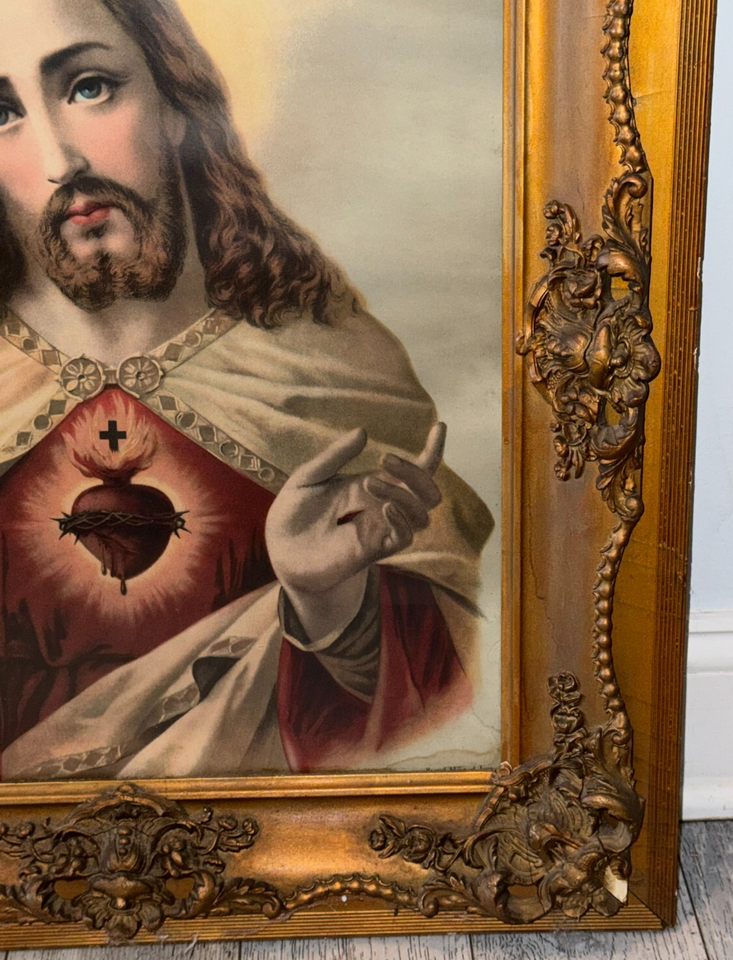 GORGEOUS ANTIQUE 1800's NUNS CONVENT FRAMED SACRED HEART JESUS 27" x 23 ...