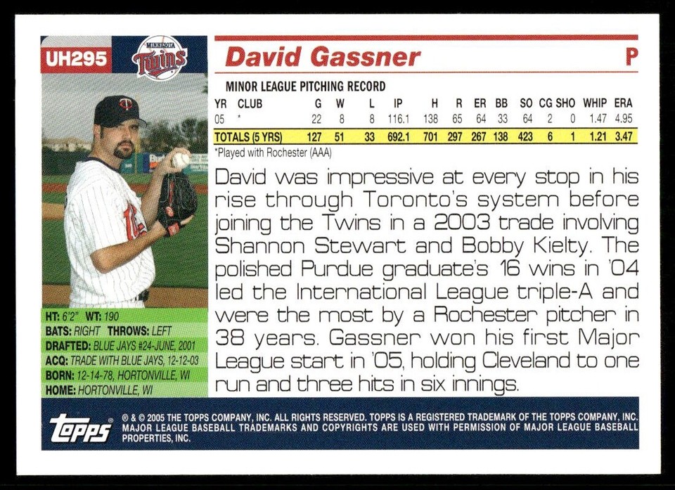 Dave Gassner #UH295 2005 Topps Updates & Highlights Rookie | eBay