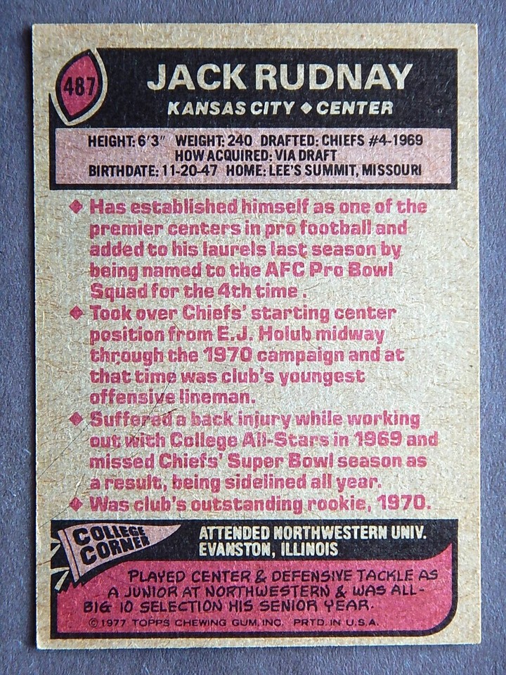 Jack Rudnay #487 Topps 1977 Football Card (Kansas City Chiefs) *VG | eBay