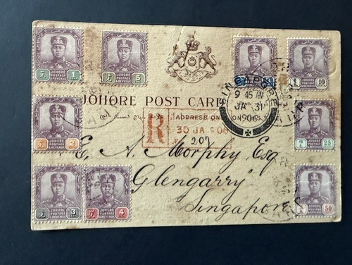 1906 Johore 9-stamp Franking to 50 cent on Registered Post Card to ...