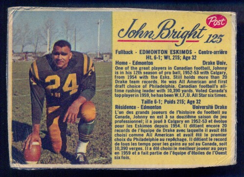 1963 POST CFL FOOTBALL 125 JOHN JOHNNY BRIGHT VG-EX EDMONTON ESKIMOS ...