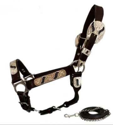 Leather Silver Show Halter Silver Engraved W Lead Yearling COB Sz Horse ...