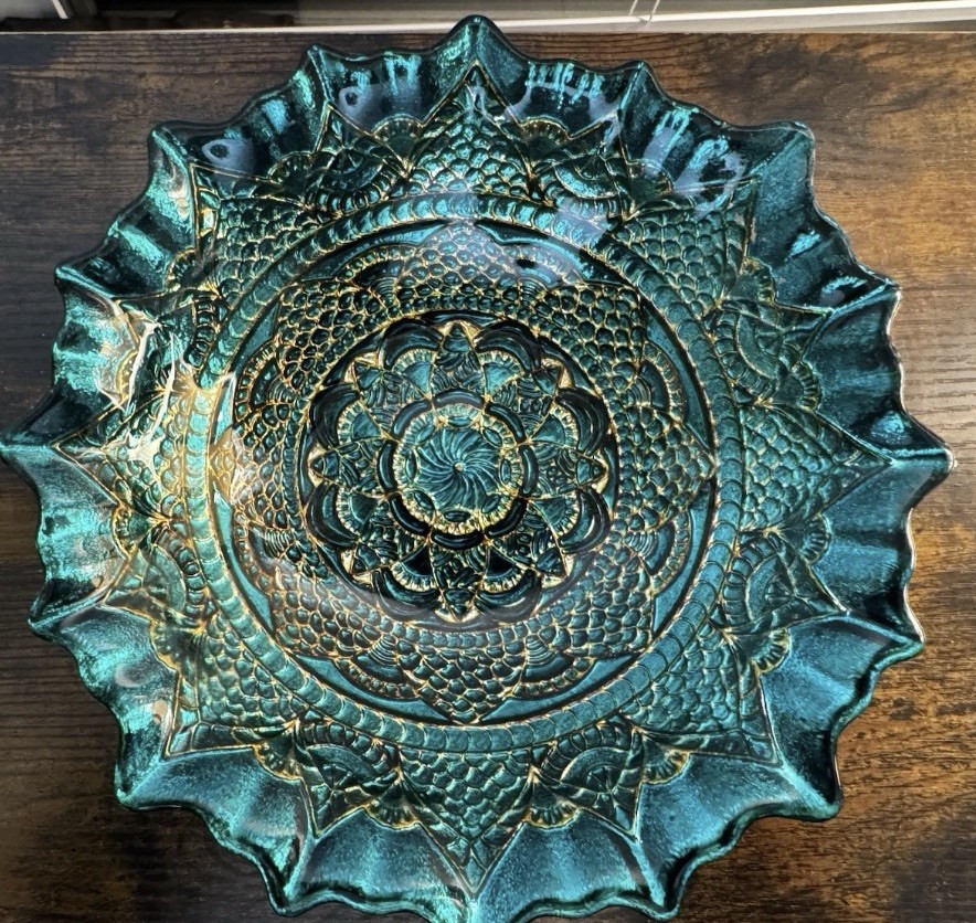 EFE Teal Blue Gold Glass Bowl Azzurra Turkey Decorative Serving 8.5 ...