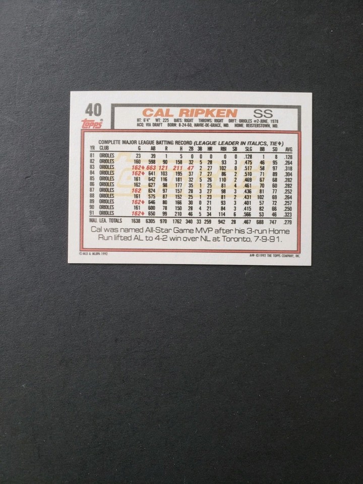 1992 Topps Gold #40 Cal Ripken NOT GOLD WINNER! SCARCE!! | eBay