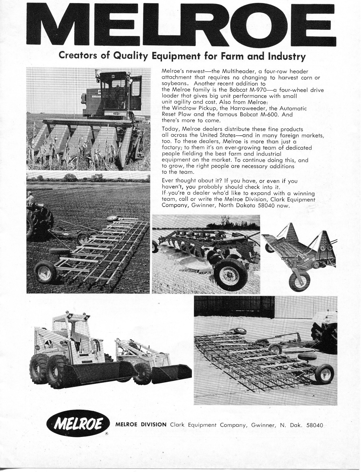 1970 Dealer Print Ad of Melroe Bobcat M907 & M600 Multiheader Tractor ...