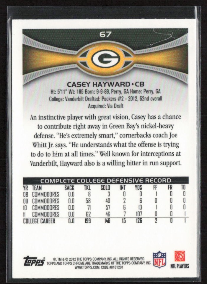 2012 Topps Chrome Casey Hayward #67 Rookie Green Bay Packers | eBay