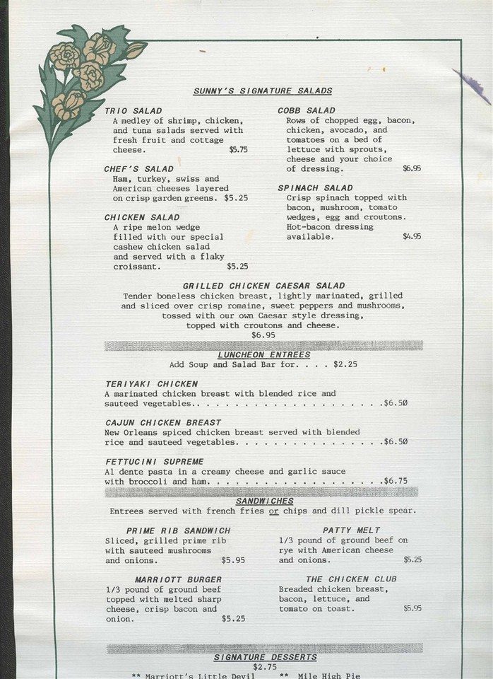 Marriott Hotels Sunny's Restaurant Lunch Menu | eBay UK