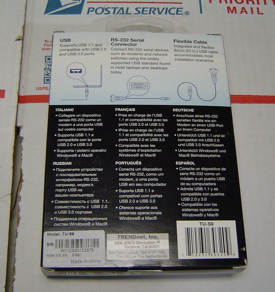 TRENDnet TU-S9 USB to Serial Converter USB to RS-232 Male DB9 Serial ...