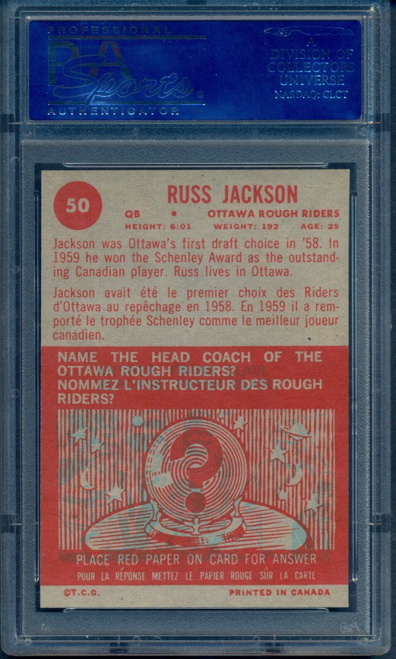 1963 TOPPS CFL FOOTBALL 50 Russ Jackson Ottawa Rough Riders McMaster ...
