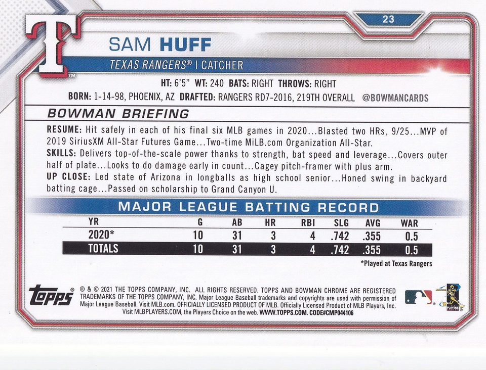 2021 Topps #23 Sam Huff MLB Texas Rangers R/C + Free Mystery Card | eBay
