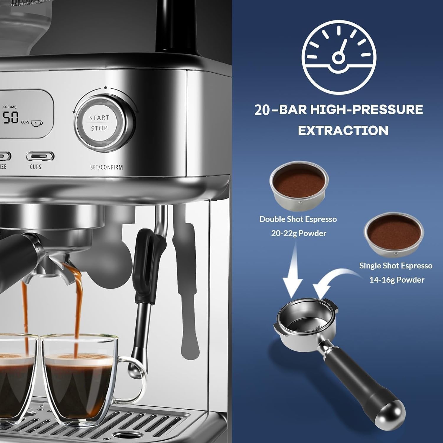 20 Bar Espresso Machine w/ Grinder&Milk Frother Stainless Steel Coffee ...