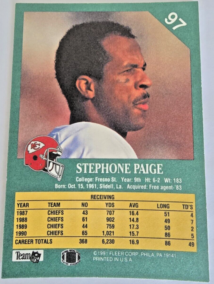 Stephone Paige, 1991 Fleer, Kansas City Chiefs, Wide Receiver, Card ...