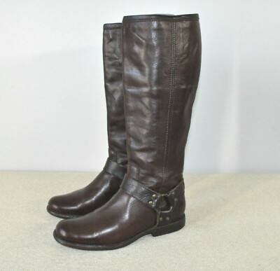 Frye Harness Boots Tall Brown Leather $358 Model Phillip Back Zip Women ...