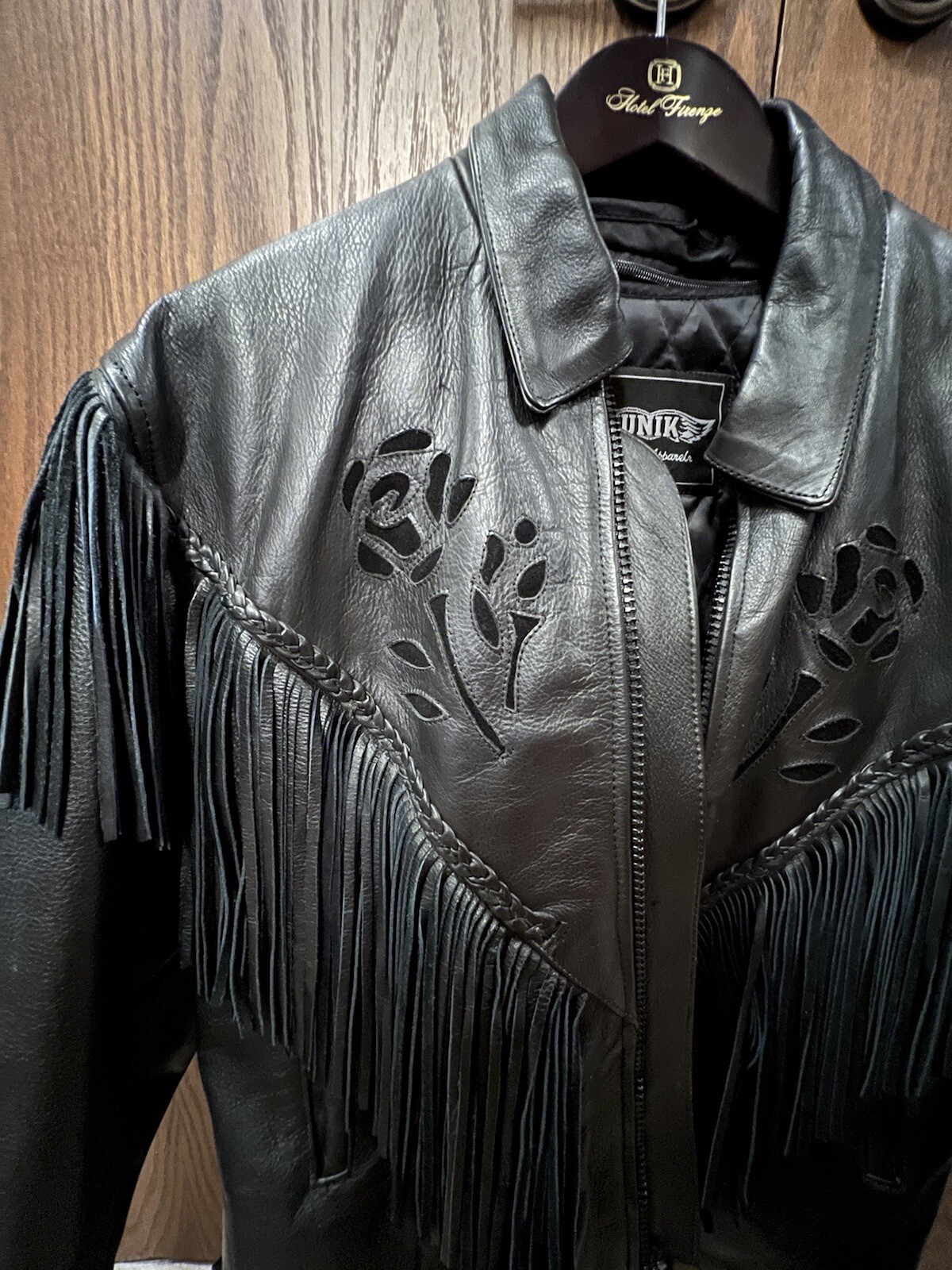 UNIK Black Leather Motorcycle Jacket Rose Cut Tassel … - Gem