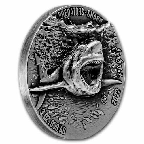 2022 Ivory Coast Predators Great White Shark 3 oz Silver Antiqued High ...