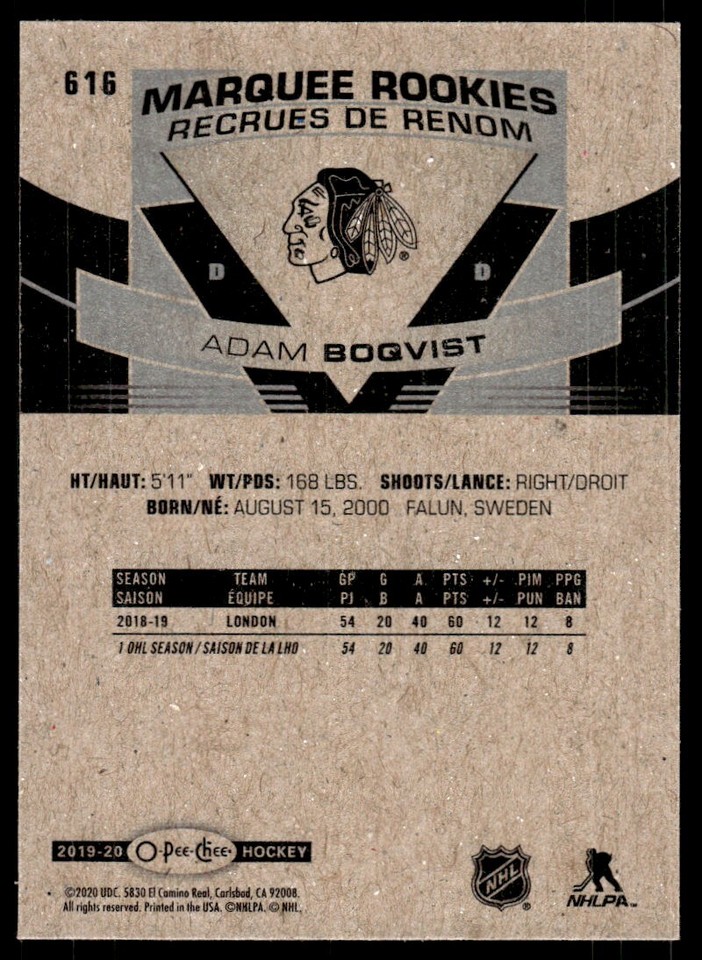 2019-20 OPC Marquee Rookies Adam Boqvist Rookie Chicago Blackhawks #616 ...