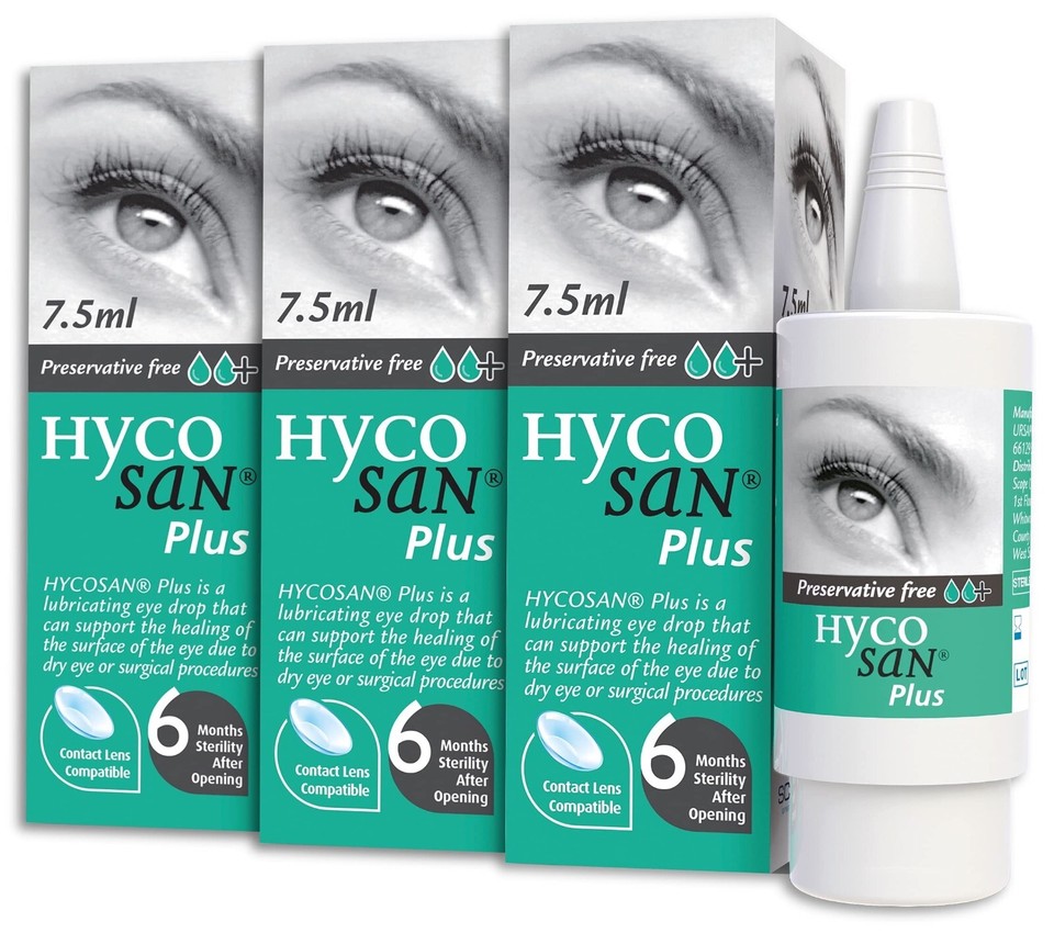 3x Hycosan Plus Preservative-Free Lubricating Eye Drops 7.5ml ** Triple ...