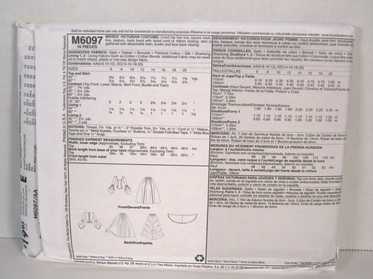 McCalls Sewing Pattern M6097 Sizes 14-20 Misses Victorian Costume Uncut ...