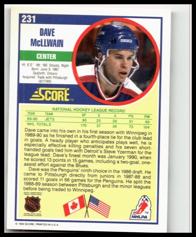 1990-91 Score American #231 Dave McLlwain Winnipeg Jets | eBay