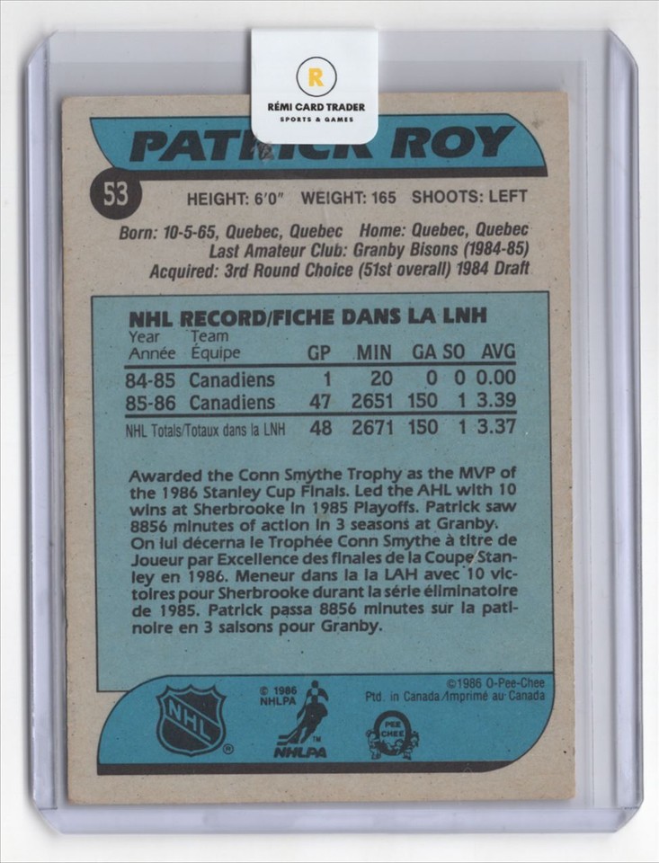1986-87 O-Pee-Chee Rookie Patrick Roy Rookie #53 Montreal Canadiens | eBay