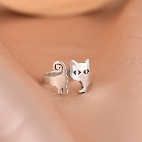 1PC 925 Sterling Silver Cute Cat Adjustable Ring | eBay