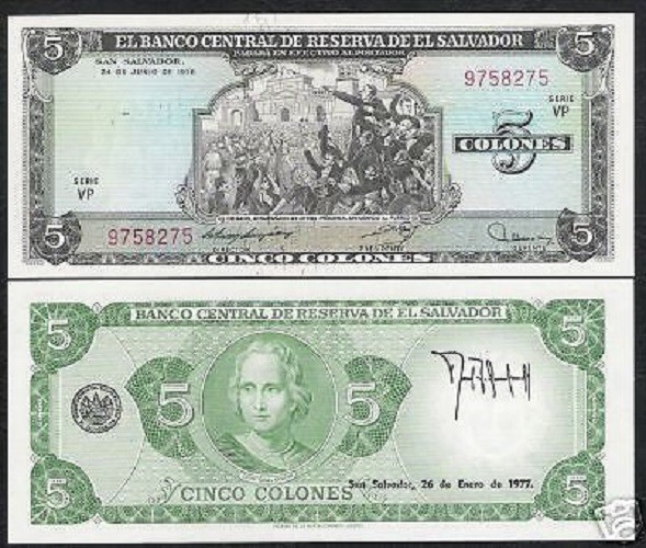 EL SALVADOR 5 COLONES P-126 1977 RARE DATE UNC LATINO CURRENCY MONEY ...